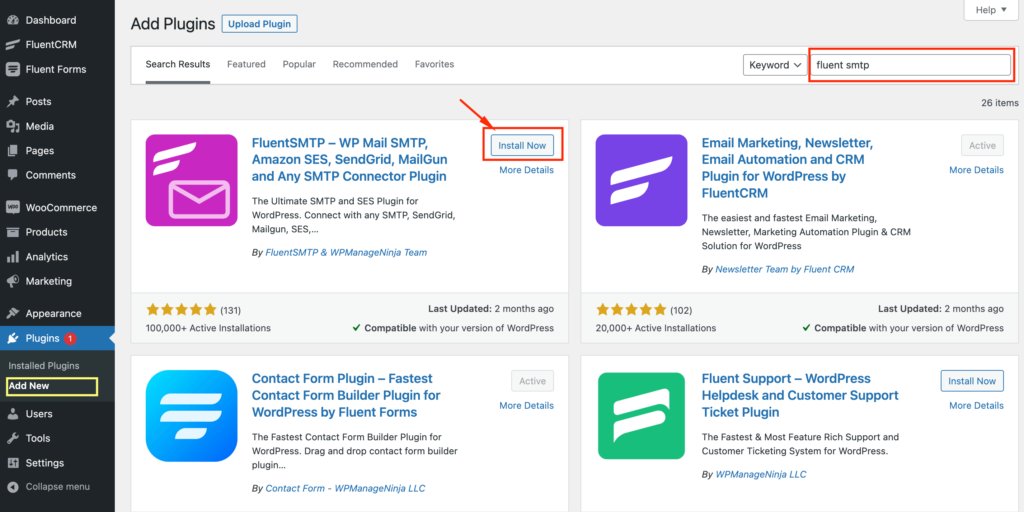 Install and Activate FluentSMTP - FluentSMTP