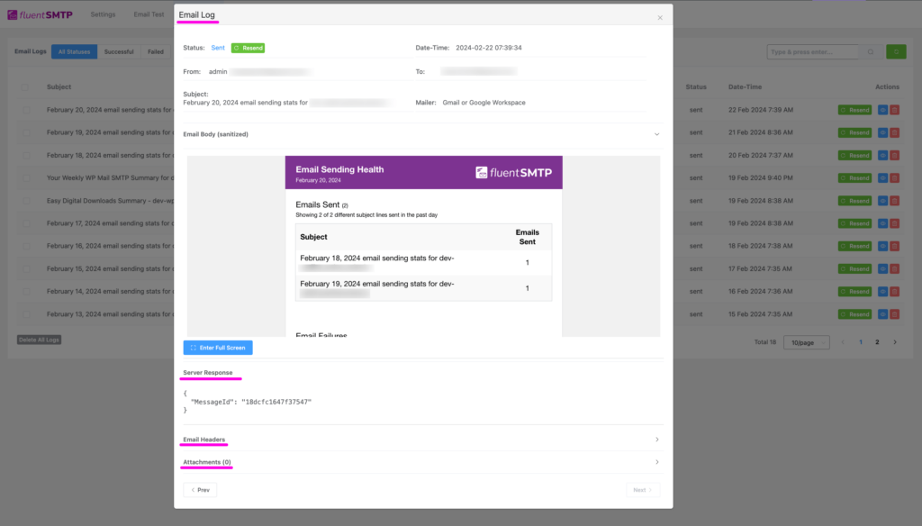 FluentSMTP Email Logs Feature - FluentSMTP